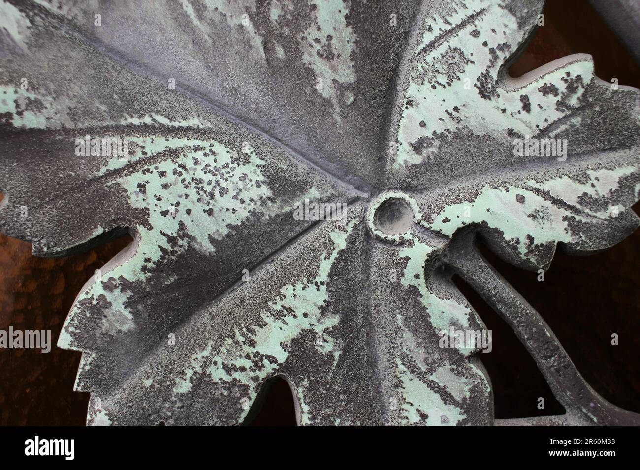 A beautiful closeup of a typical leaf cast in a copper metal fence ...