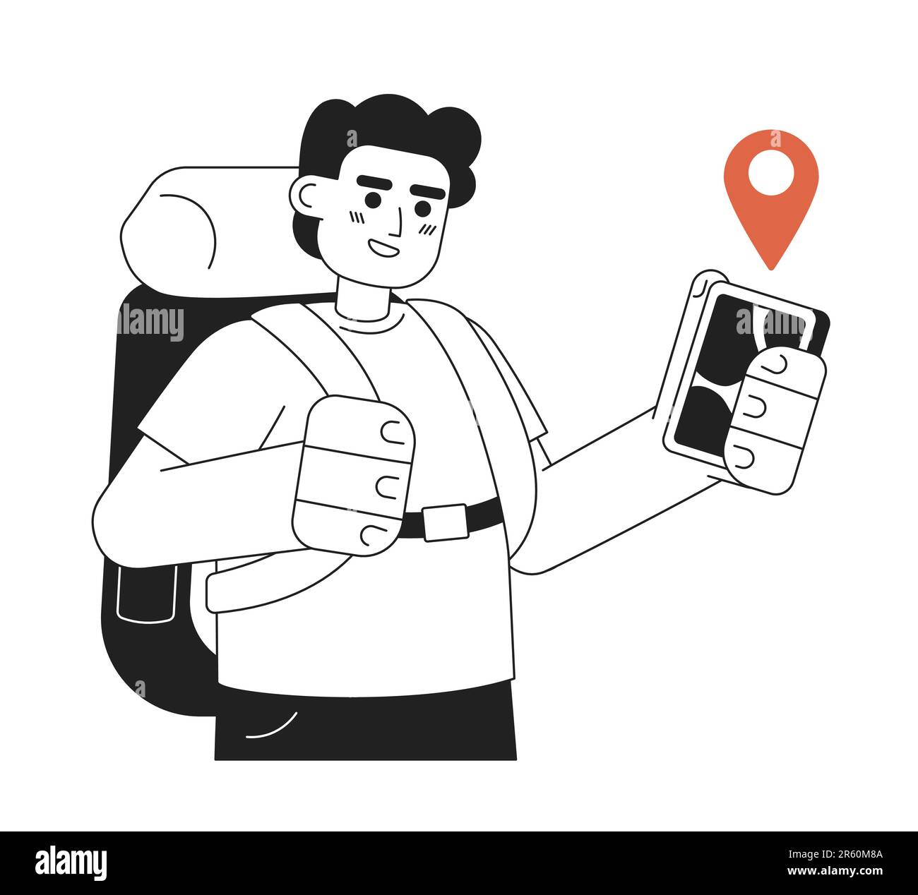 Male Backpacker Trekking With Hiking App Flat Vector Cartoon Outline Character Stock Vector