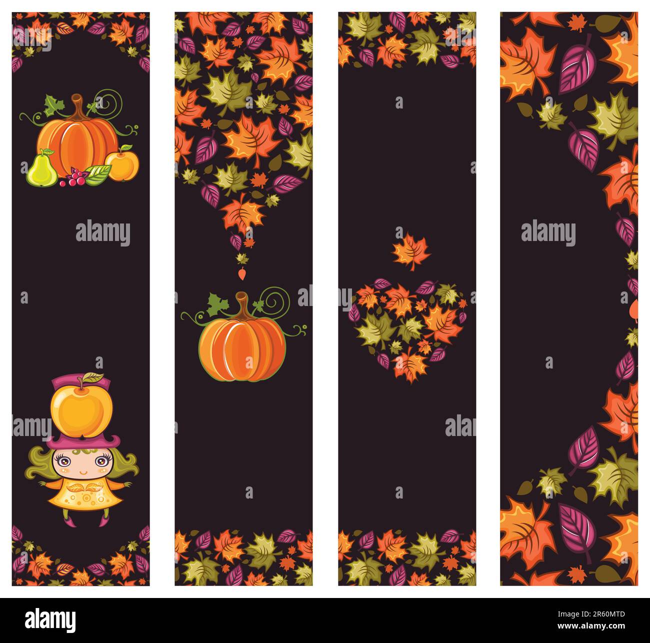 Colorful Autumnal banners with fall leafs, pumpkin, apple, pear ...