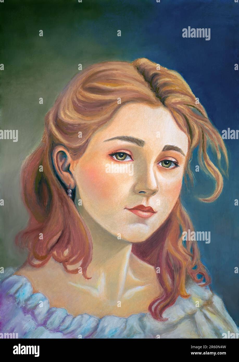 Portrait of an imaginary cute young woman. Oil and wax pastel on paper ...