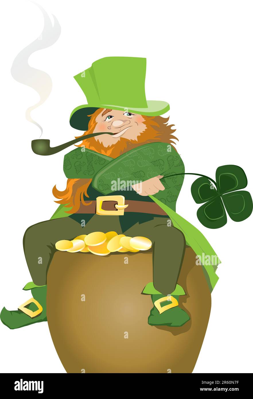 Illustration of traditional Irish Leprechaun sat with pot of gold ...