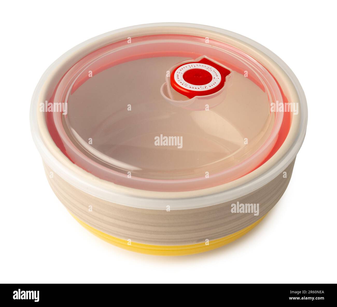 Ceramic bowl with plastic lid on white background Stock Photo - Alamy