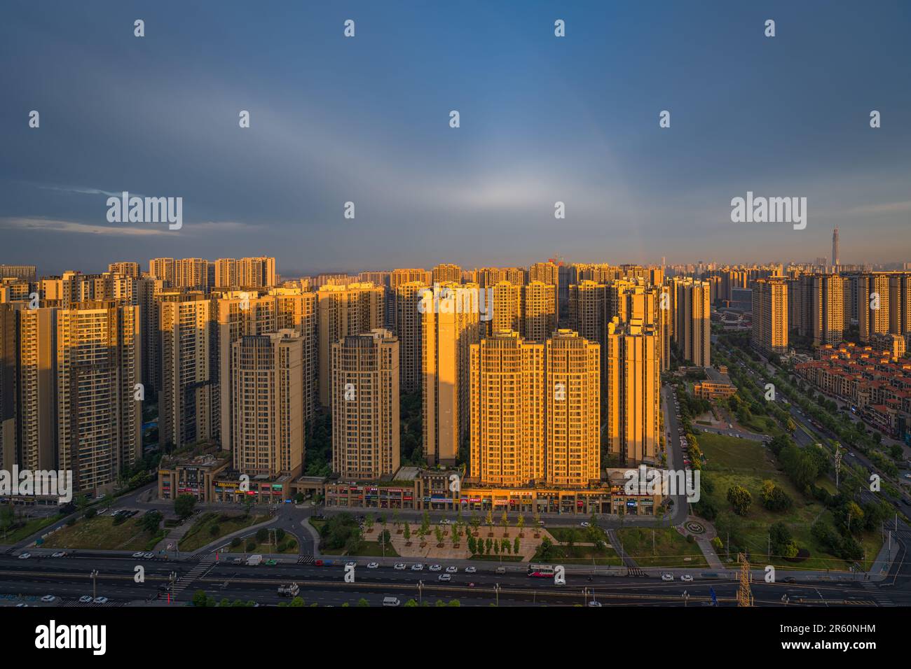 In the morning, the sunlight shone on the residential buildings in the ...