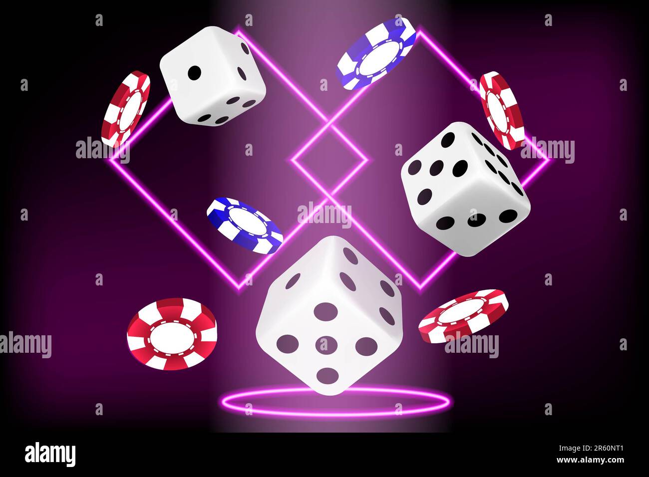 An illustration of multi-colored dice placed on a deep purple ...