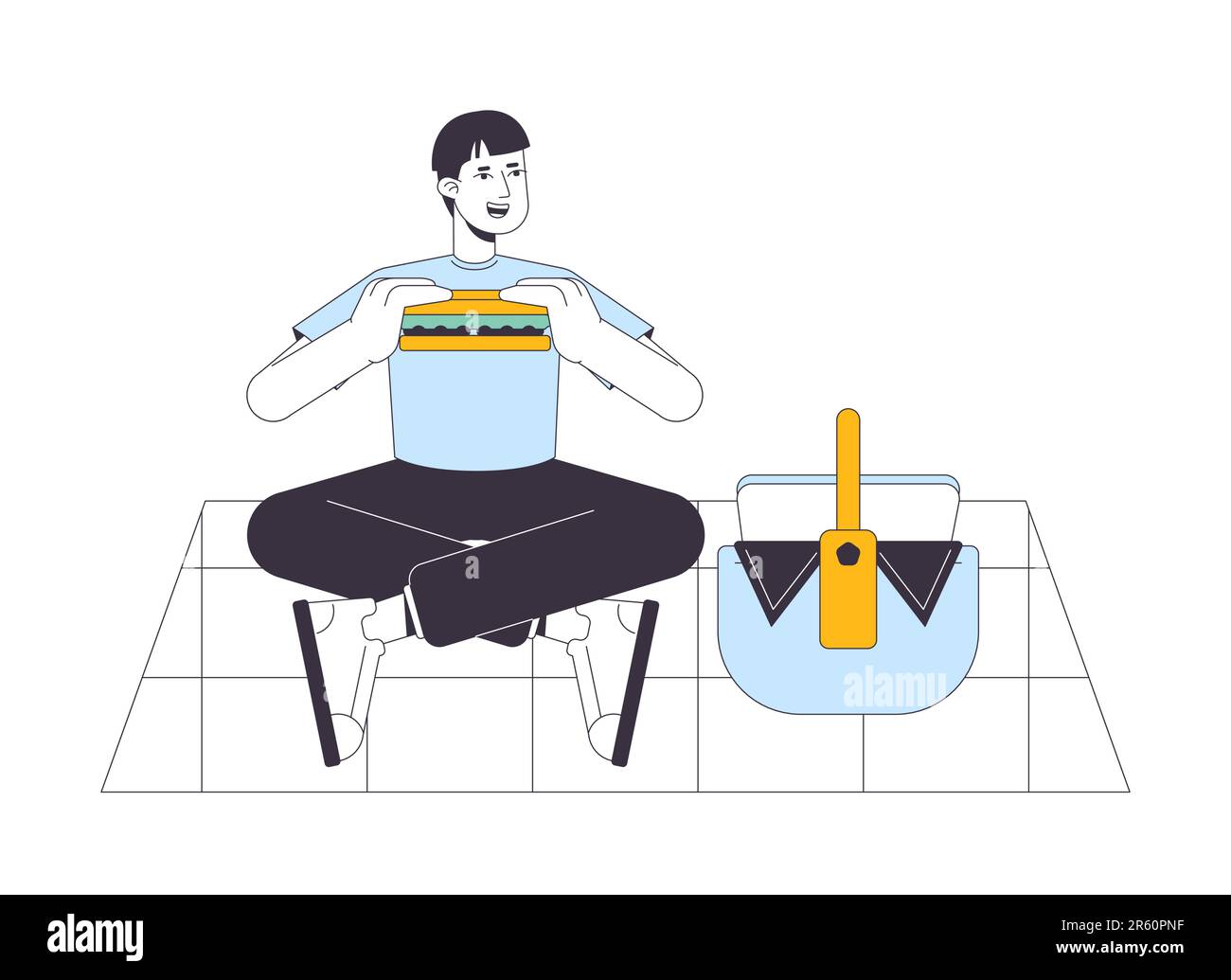 Guy eating sandwich on summer picnic flat line vector spot illustration ...