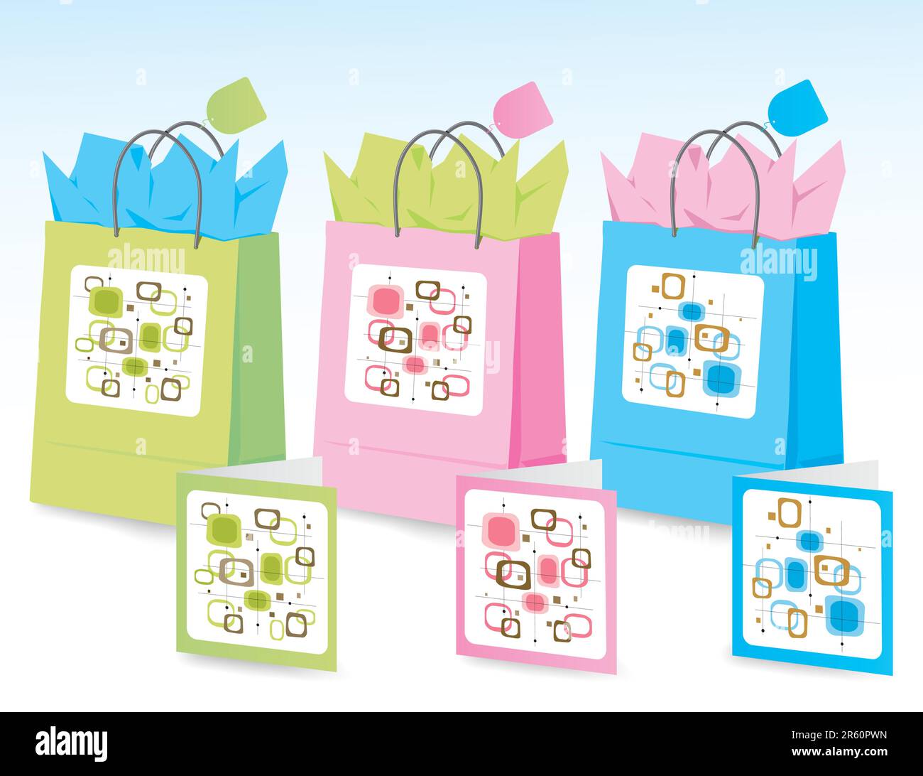 Spring colors gift bags with tissue and matching card; Easy-edit ...