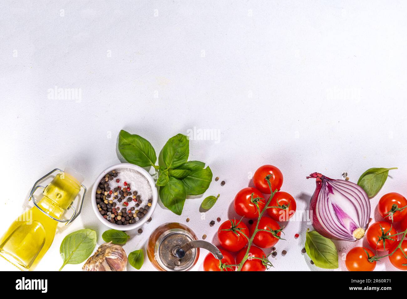 White cooking background with useful cooking italian Mediterranean ...