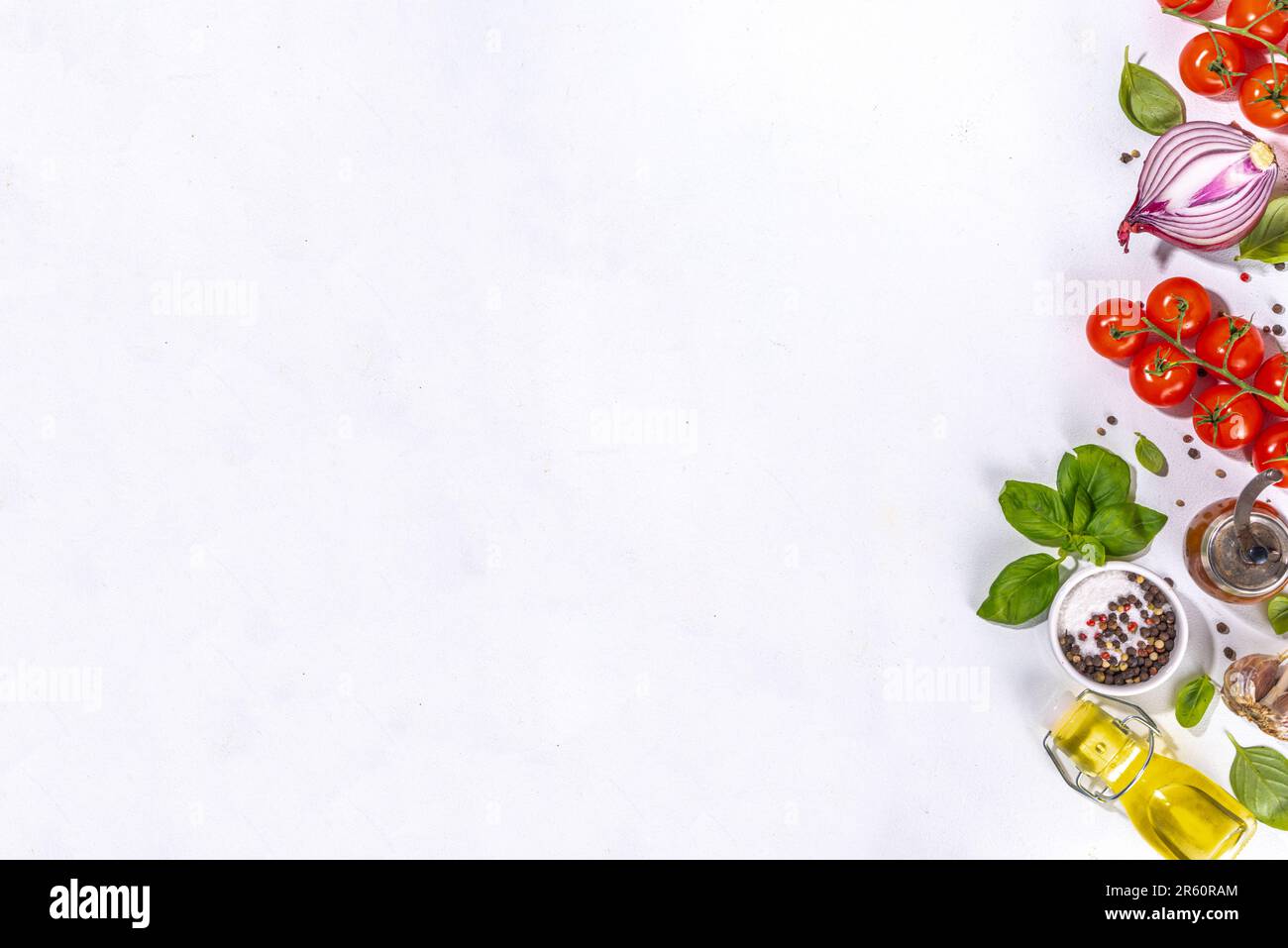 White cooking background with useful cooking italian Mediterranean ...