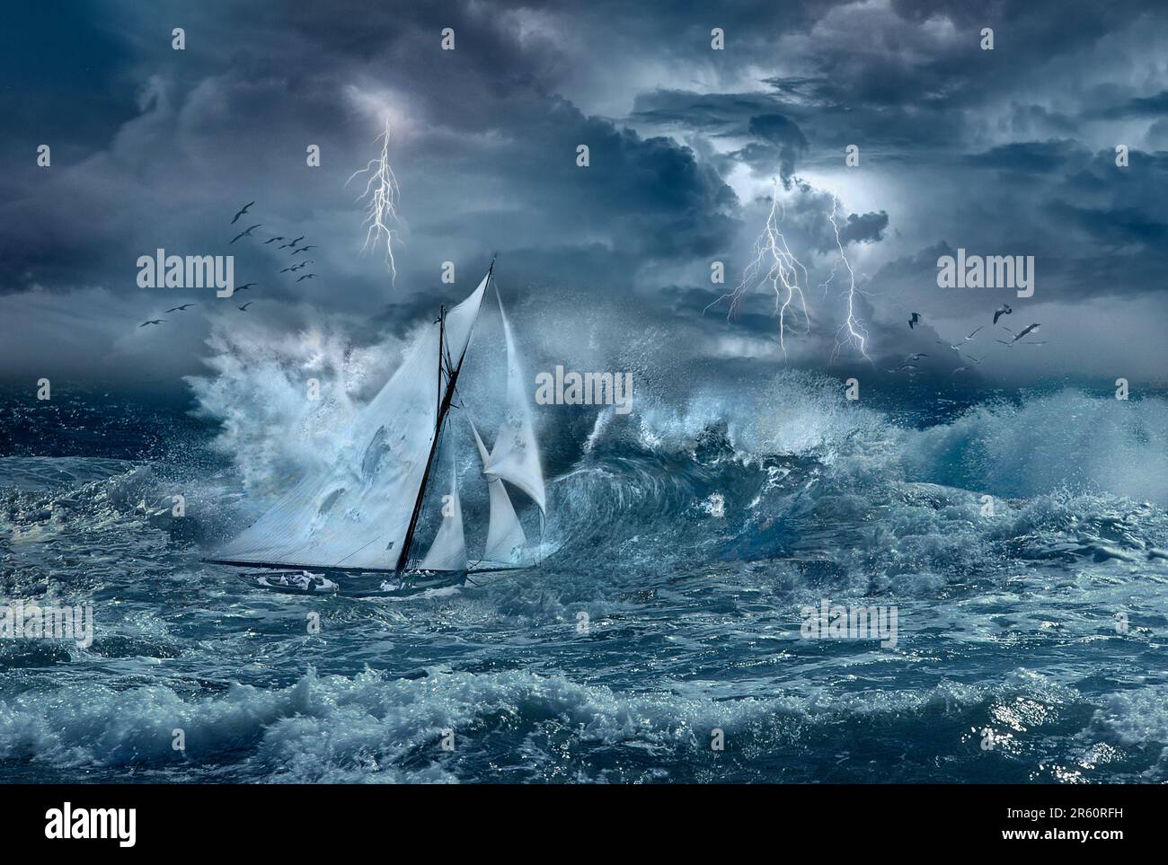 ship sailing in a tempest with stormy sky and lightning concept Stock ...