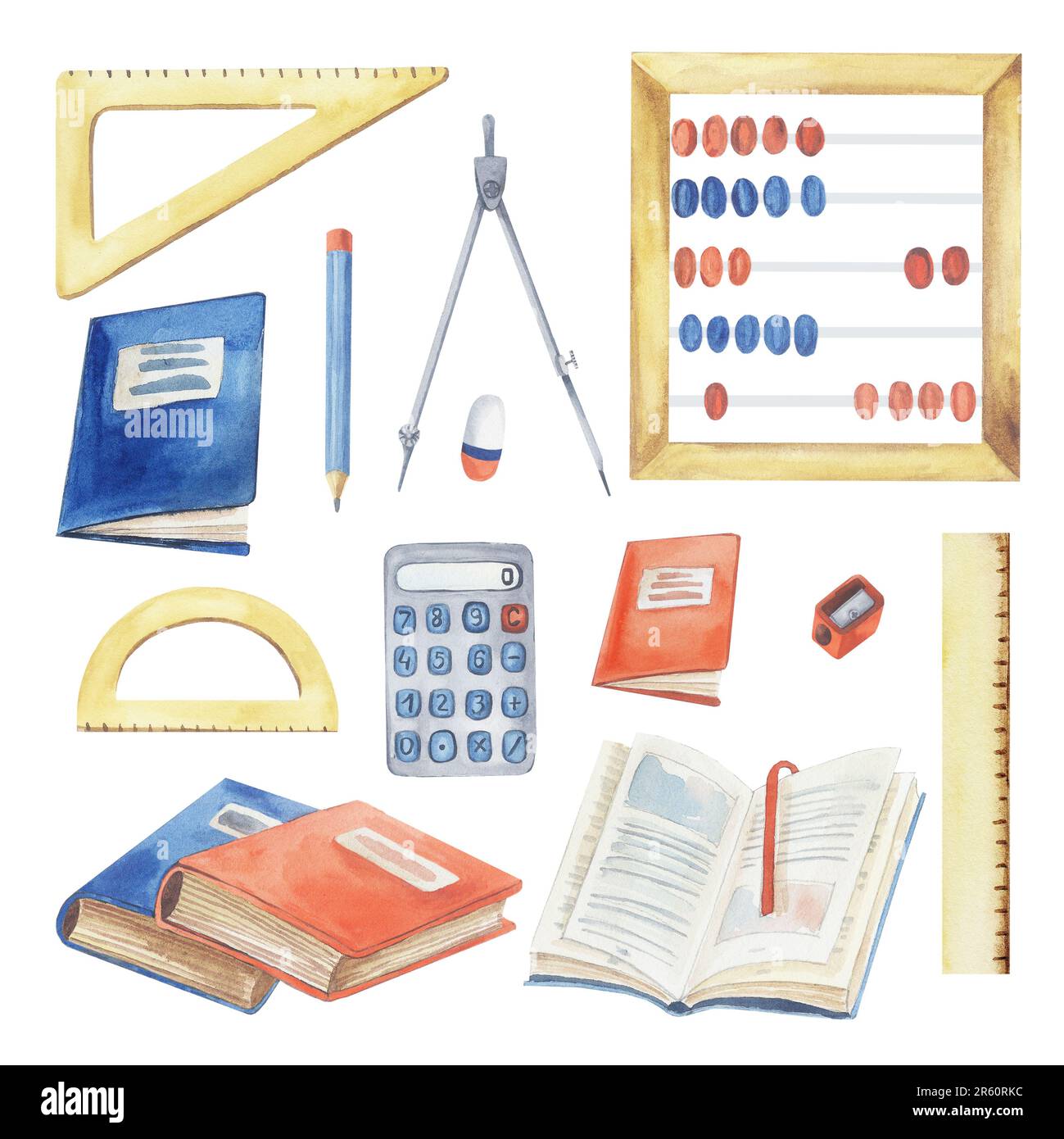 A set of school items: a ruler, a pencil, a compass, an eraser, a ...