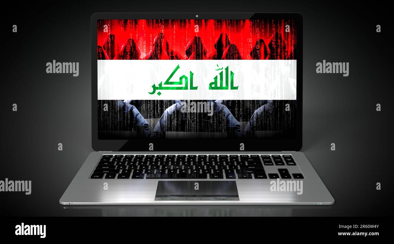 Iraq - country flag and hackers on laptop screen - cyber attack concept ...