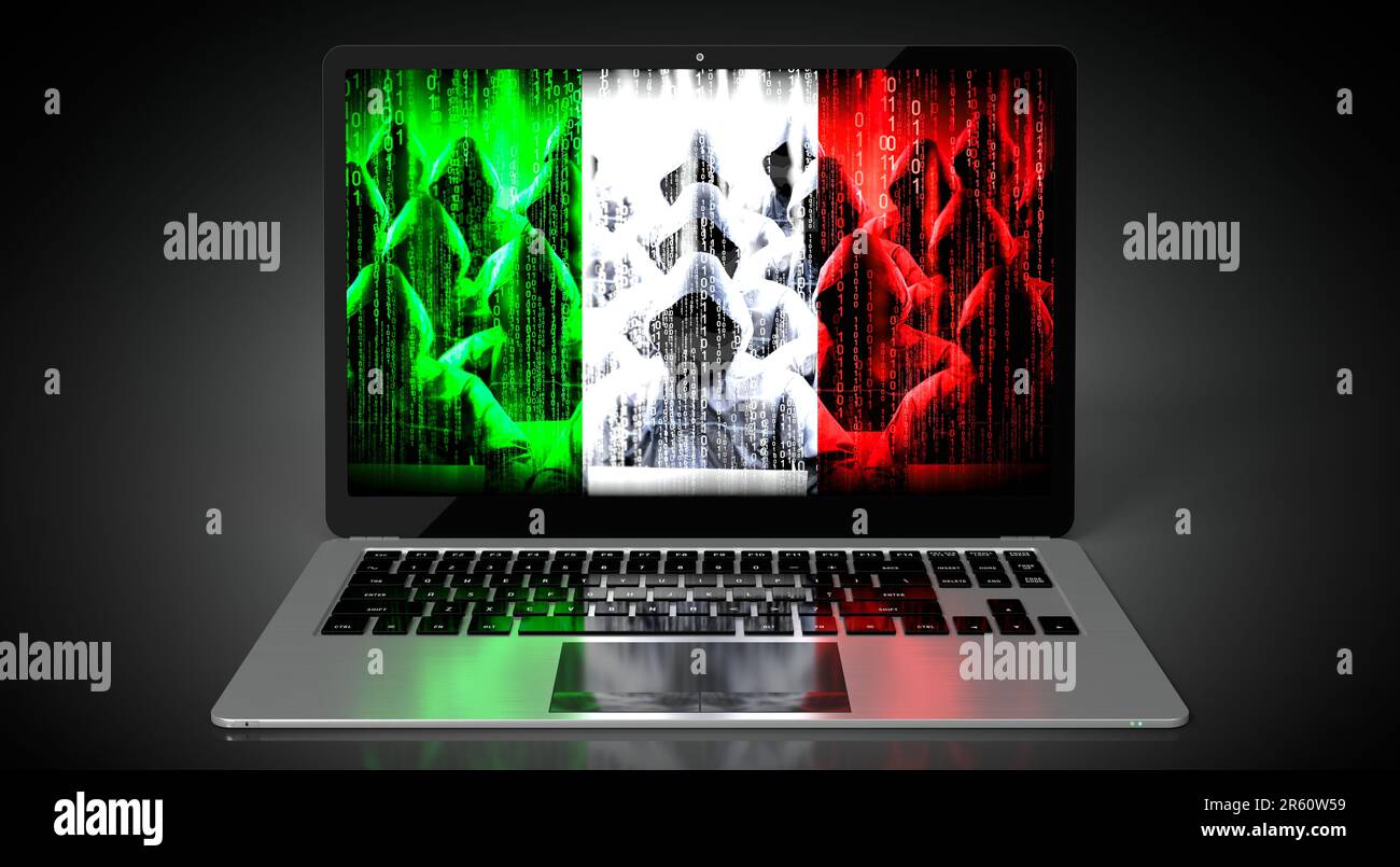 Italy - country flag and hackers on laptop screen - cyber attack ...