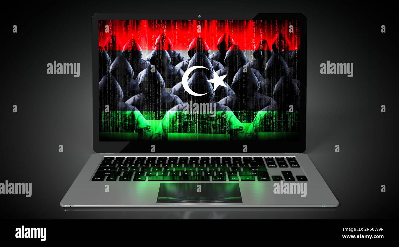 Libya - country flag and hackers on laptop screen - cyber attack concept Stock Photo - Alamy