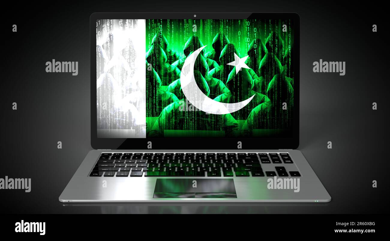 Pakistan - country flag and hackers on laptop screen - cyber attack ...
