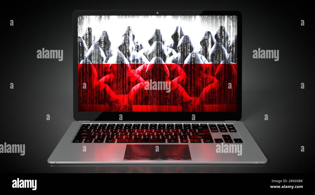 Poland - country flag and hackers on laptop screen - cyber attack ...