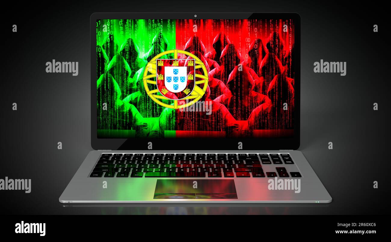 Portugal - country flag and hackers on laptop screen - cyber attack ...