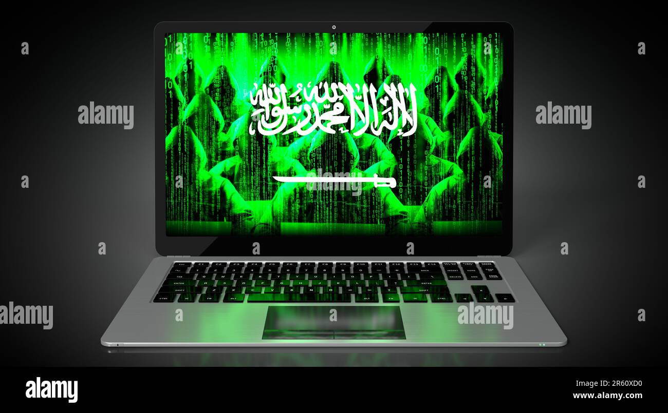 Saudi Arabia - country flag and hackers on laptop screen - cyber attack ...