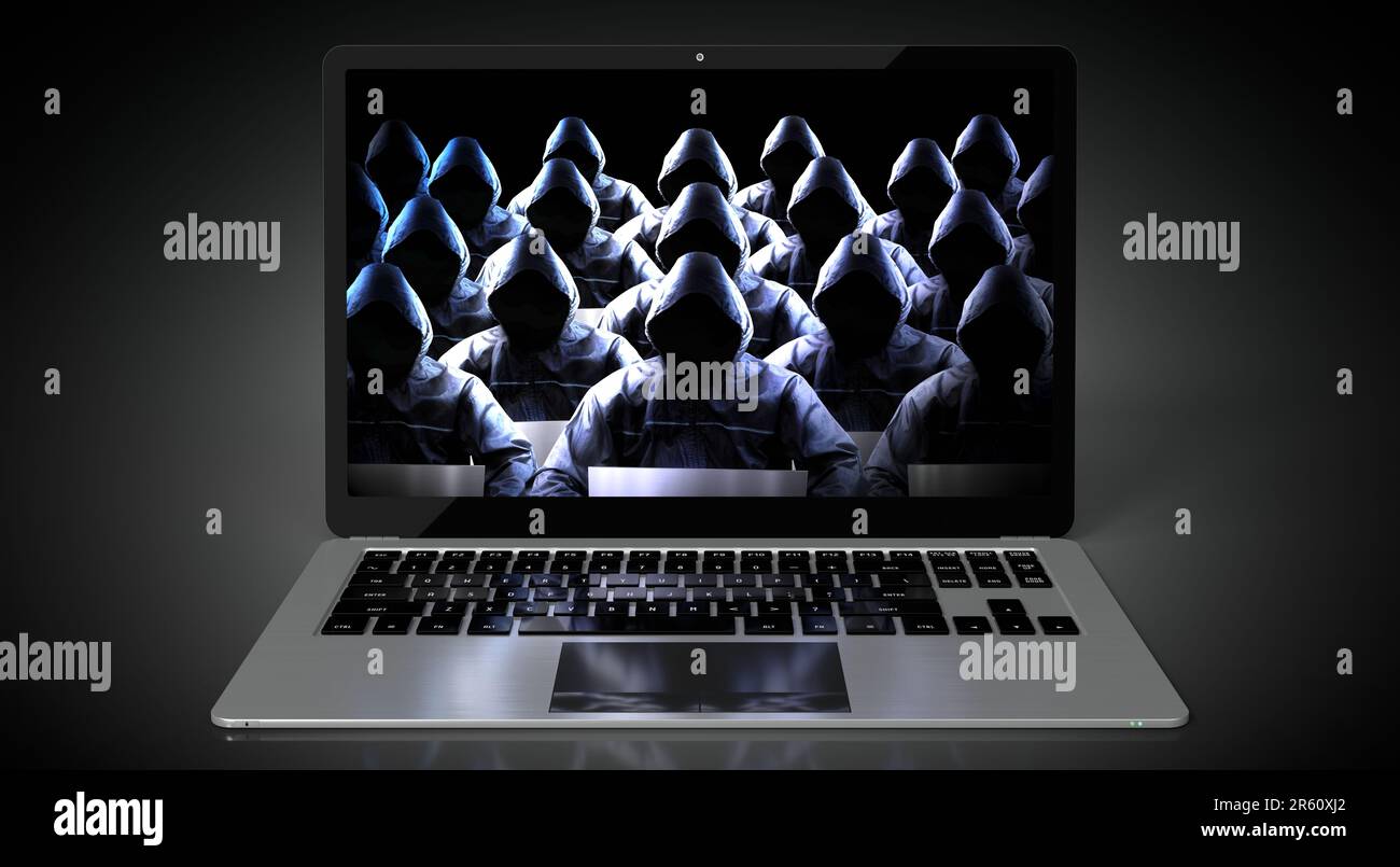 Anonymous hooded hackers on laptop screen - cyber attack concept Stock ...