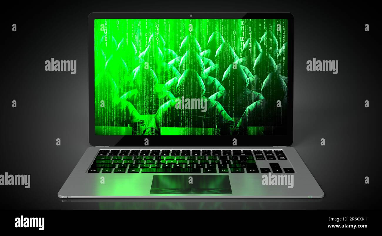 Anonymous hooded hackers on laptop screen - cyber attack concept Stock ...