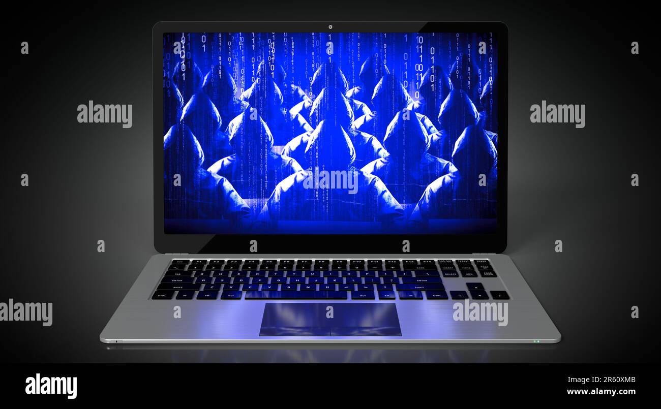 Anonymous hooded hackers on laptop screen - cyber attack concept Stock ...