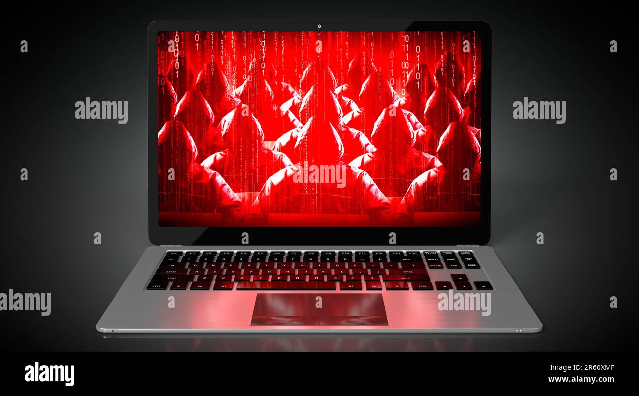 Anonymous hooded hackers on laptop screen - cyber attack concept Stock ...