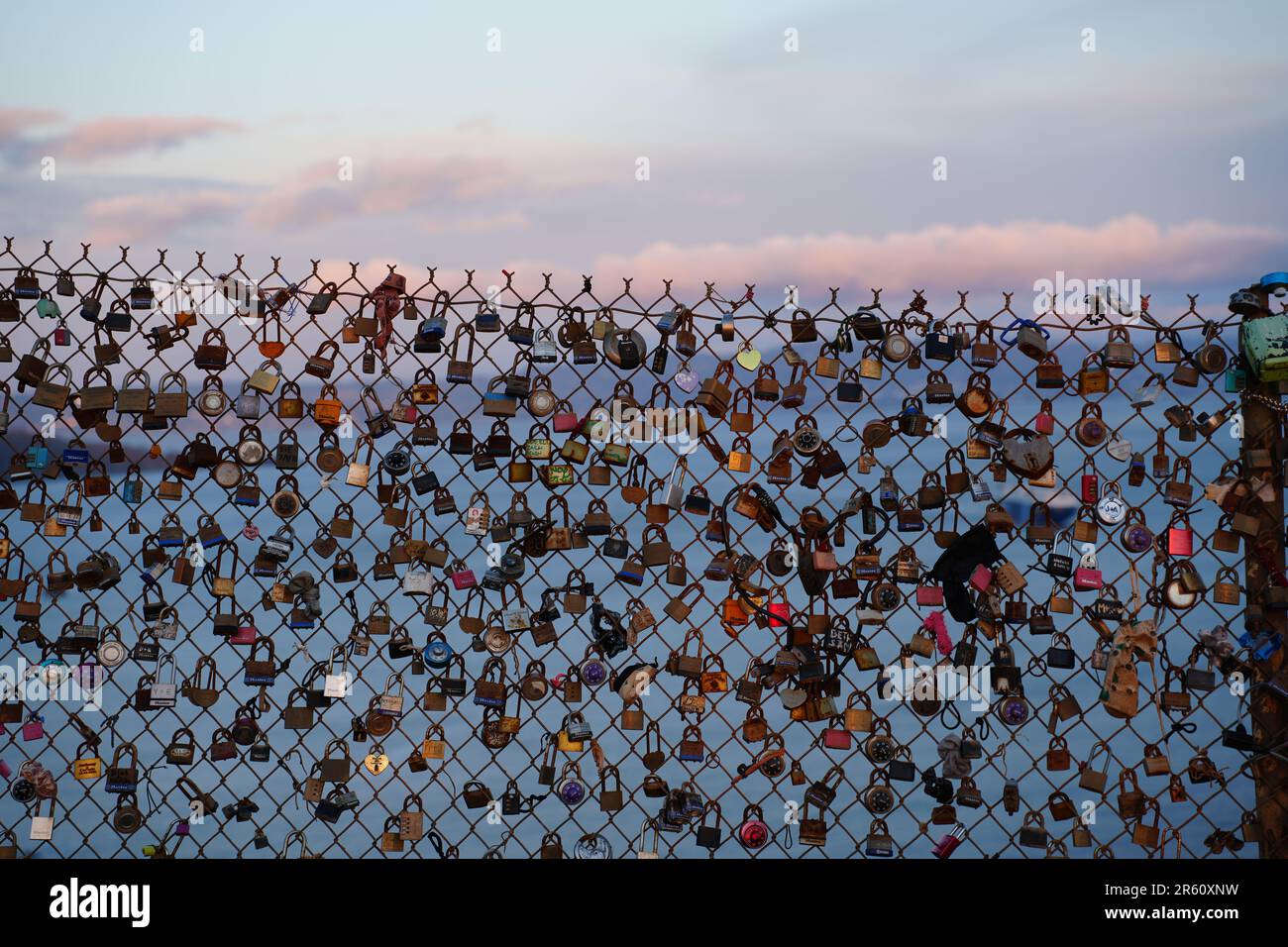 A close-up of a white picket fence adorned with multiple locks and keys ...
