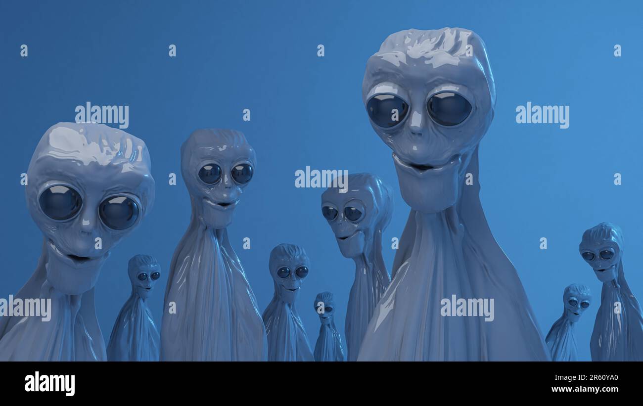 Aliens with a big eyes in a blue background - creepy conceptual ...