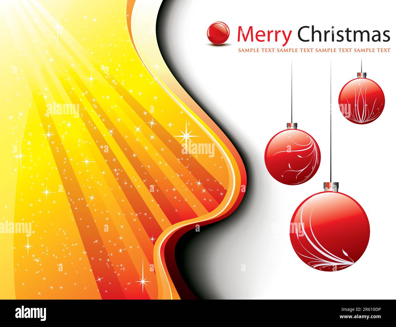 christmas card with shiny stars and floral xmas balls - wave design ...