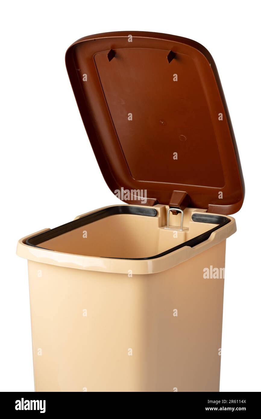 Beige plastic waste bin isolated on white Stock Photo - Alamy