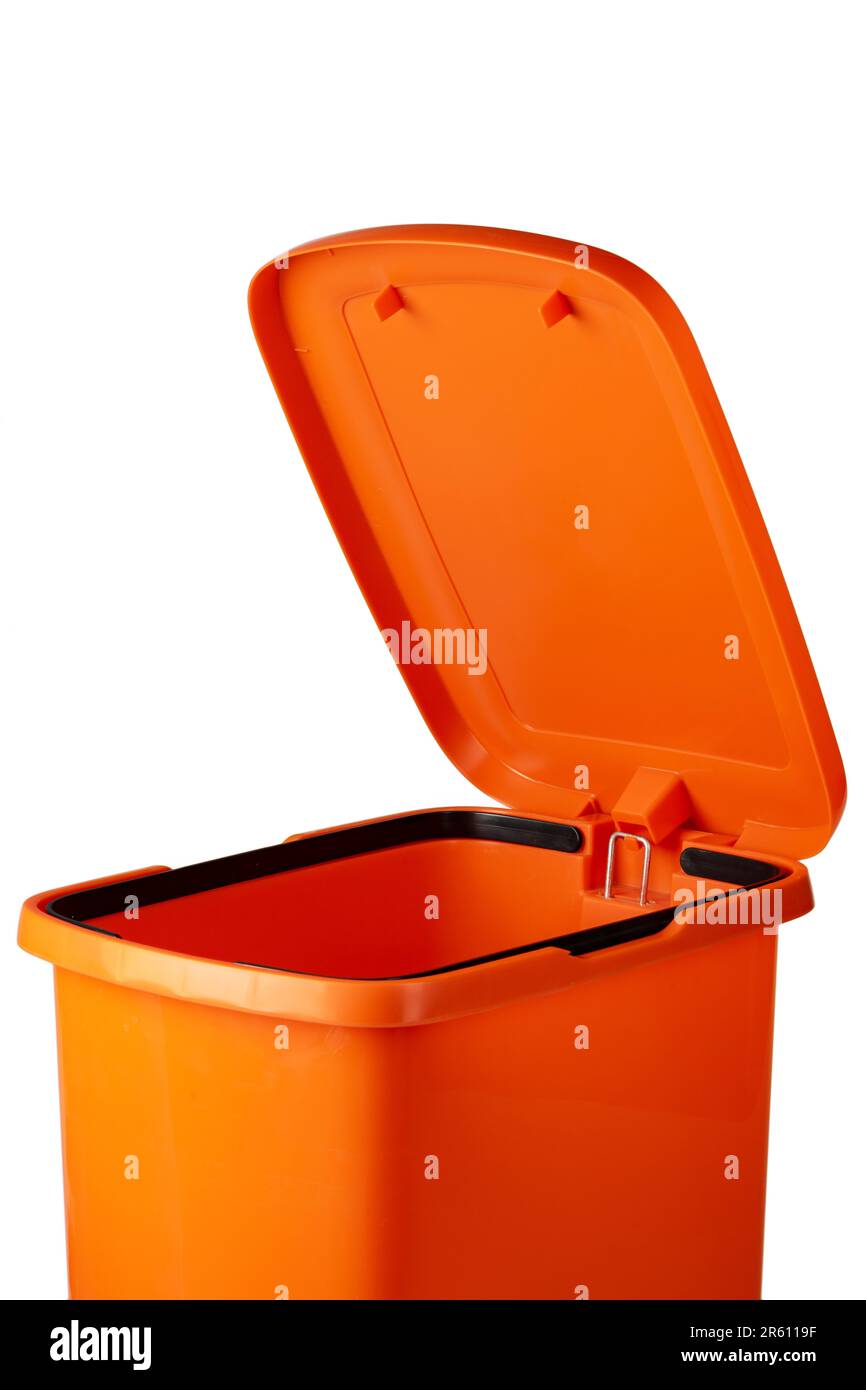 Orange plastic waste bin isolated on white Stock Photo - Alamy