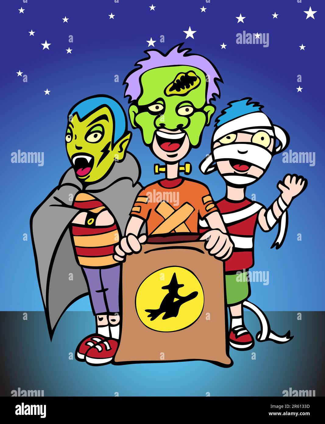 Three kids in costume dressed as a vampire, monster and mummy for ...