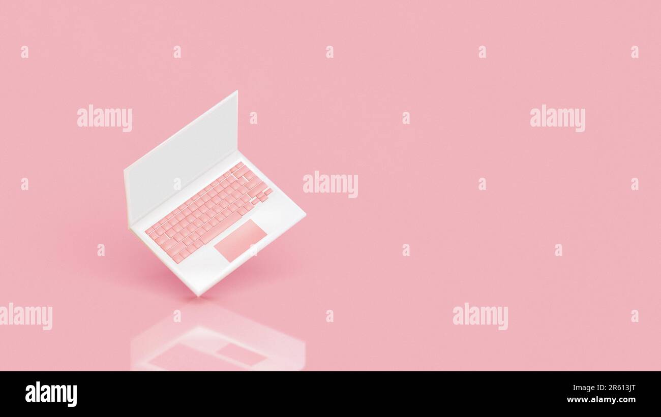 School supplies icon. White laptop with pink keyboard. 3D render Stock ...