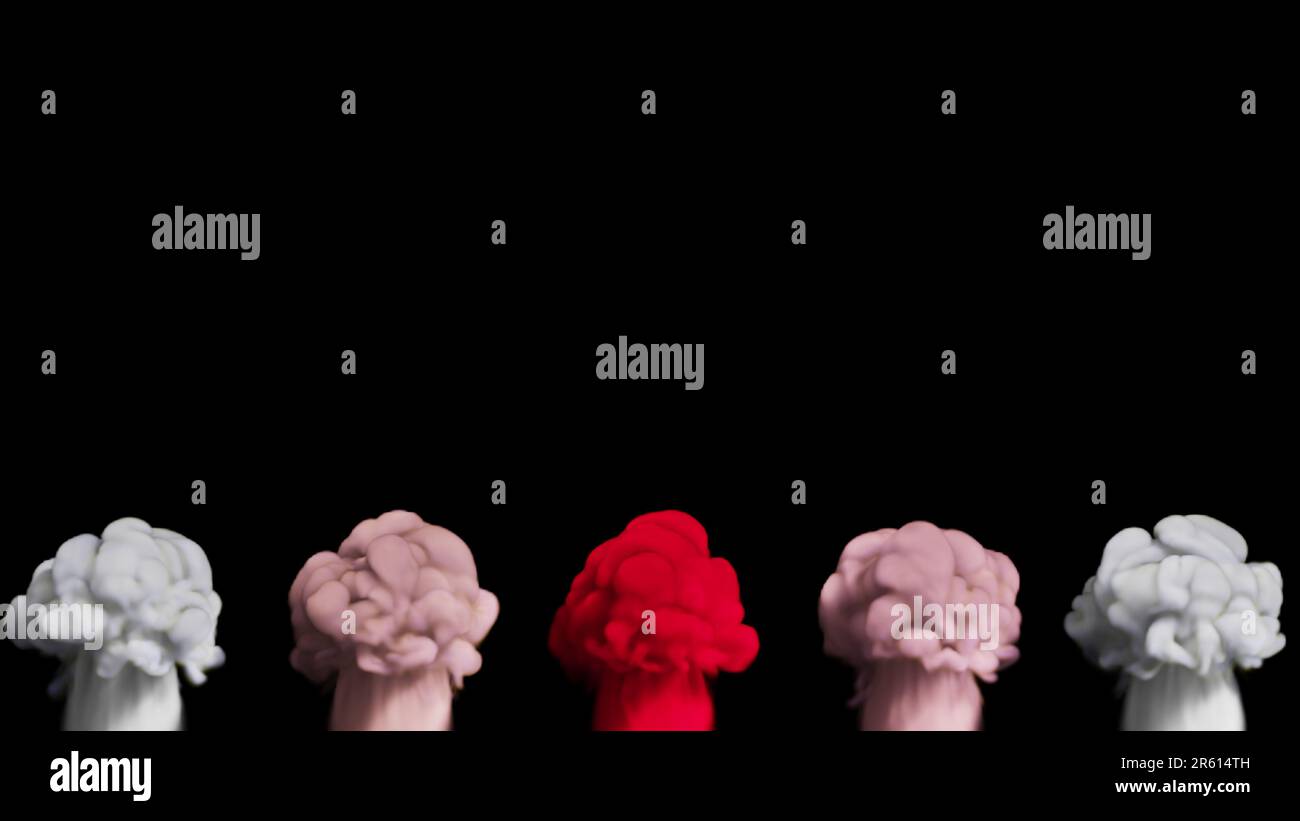 Clouds of multi-colored smoke rise up on a black background. 3d ...