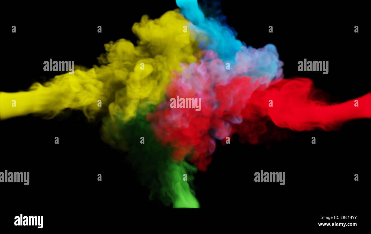 Clubs of multi-colored smoke collide from four sides on a black ...