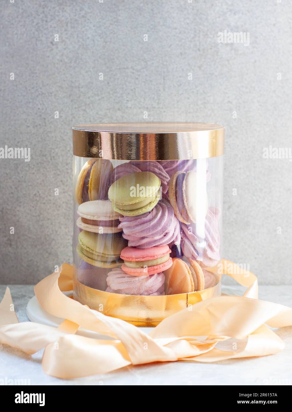 Gift box with homemade pastel marshmallows and macarons. Healthy sweet ...