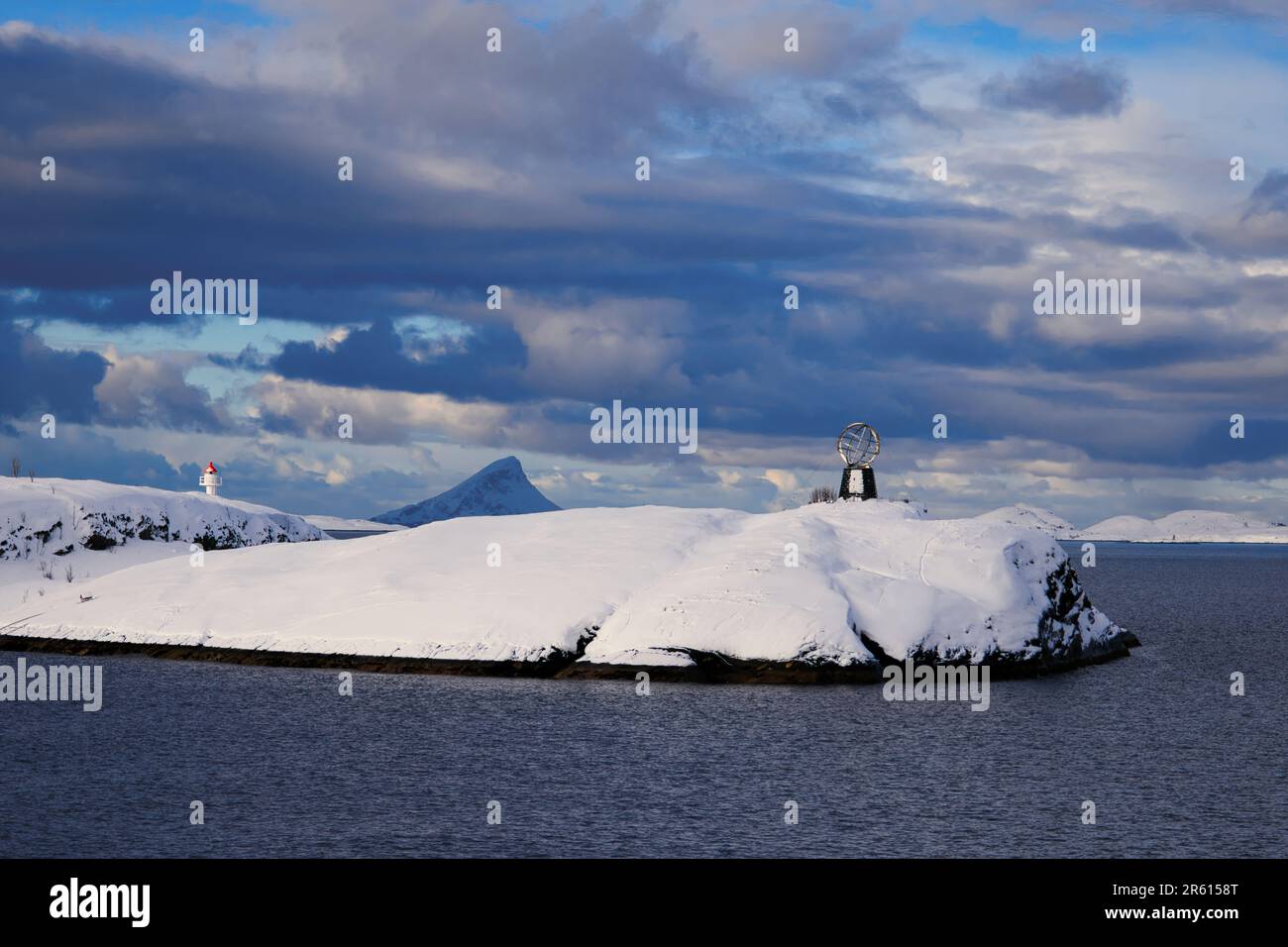 After snow fall in winter, the Arctic Circle monument globe sculpture ...