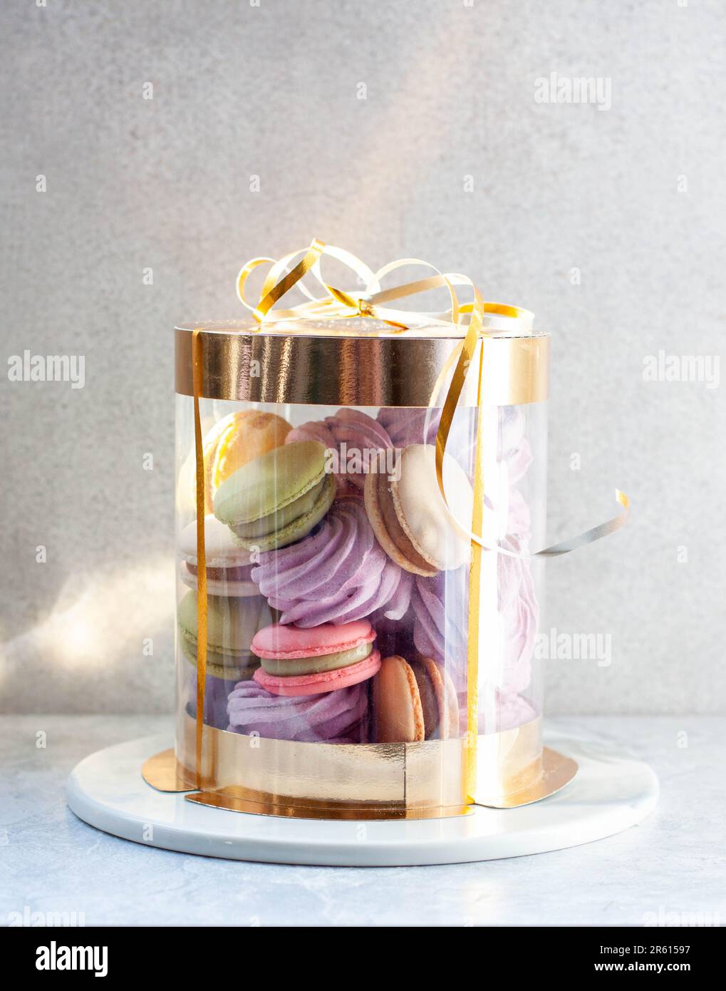 Gift box with homemade pastel marshmallows and macarons. Healthy sweet ...