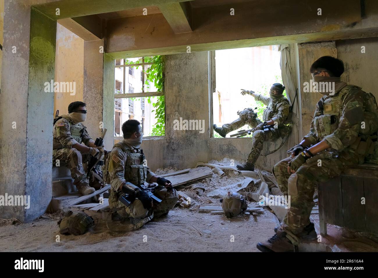 Soldier in civil war, ruin building. Close quarter battle and civil war ...