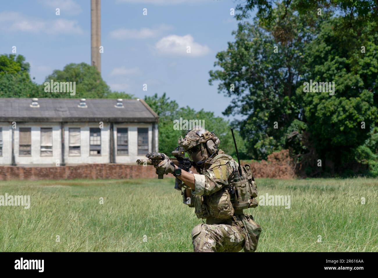 Soldier in civil war, ruin building. Close quarter battle and civil war ...