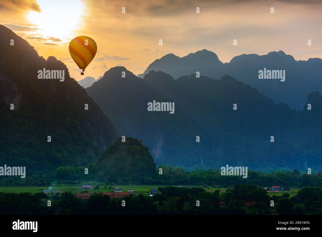 hot air balloon in Vang Vieng, Laos, Beautifull landscape on the Nam ...