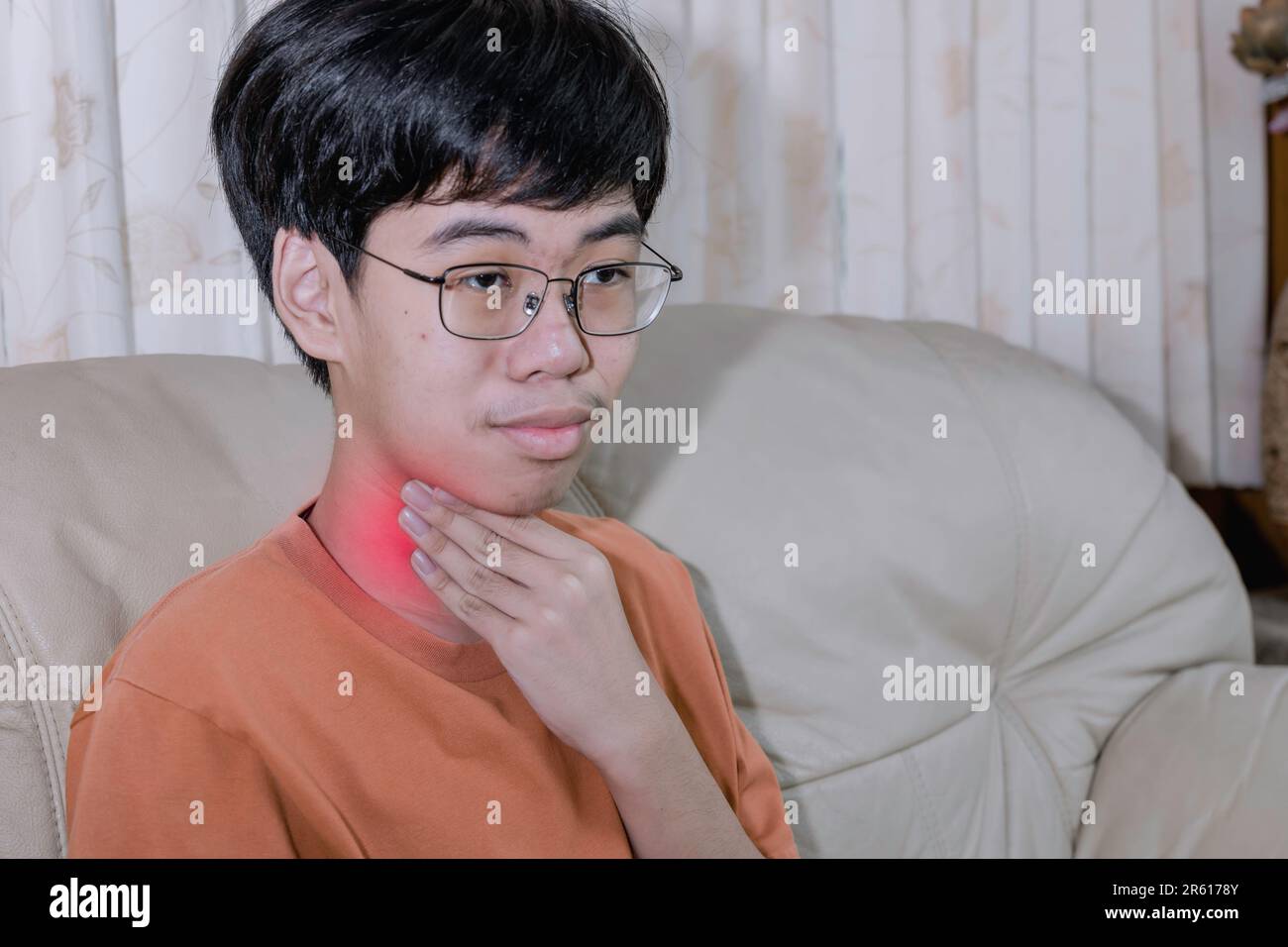 Little ill boy get sore throat and sickness in inflaming or choking can ...