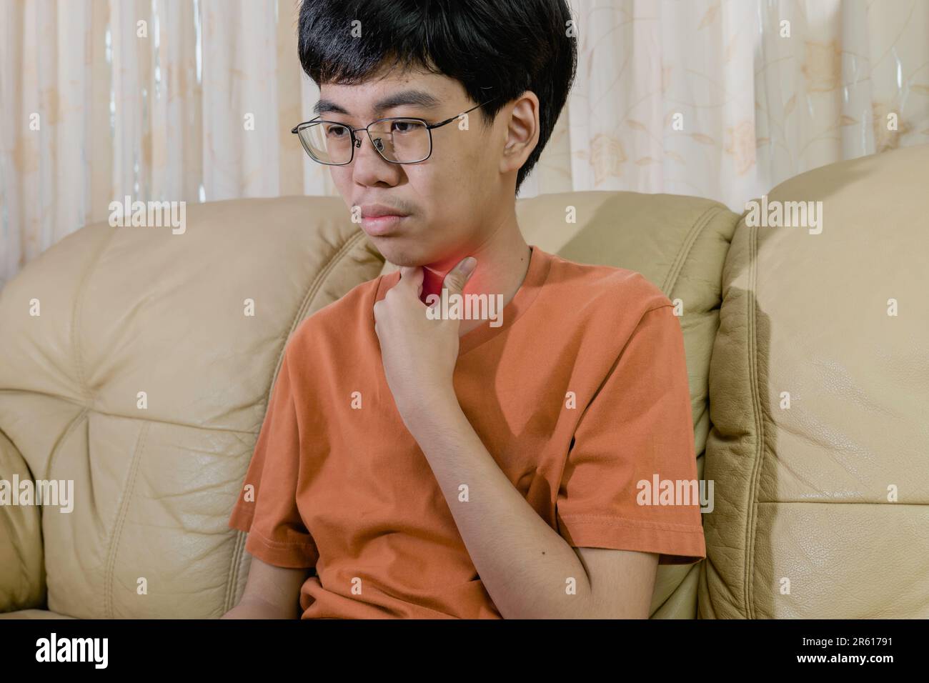 Little ill boy get sore throat and sickness in inflaming or choking can ...