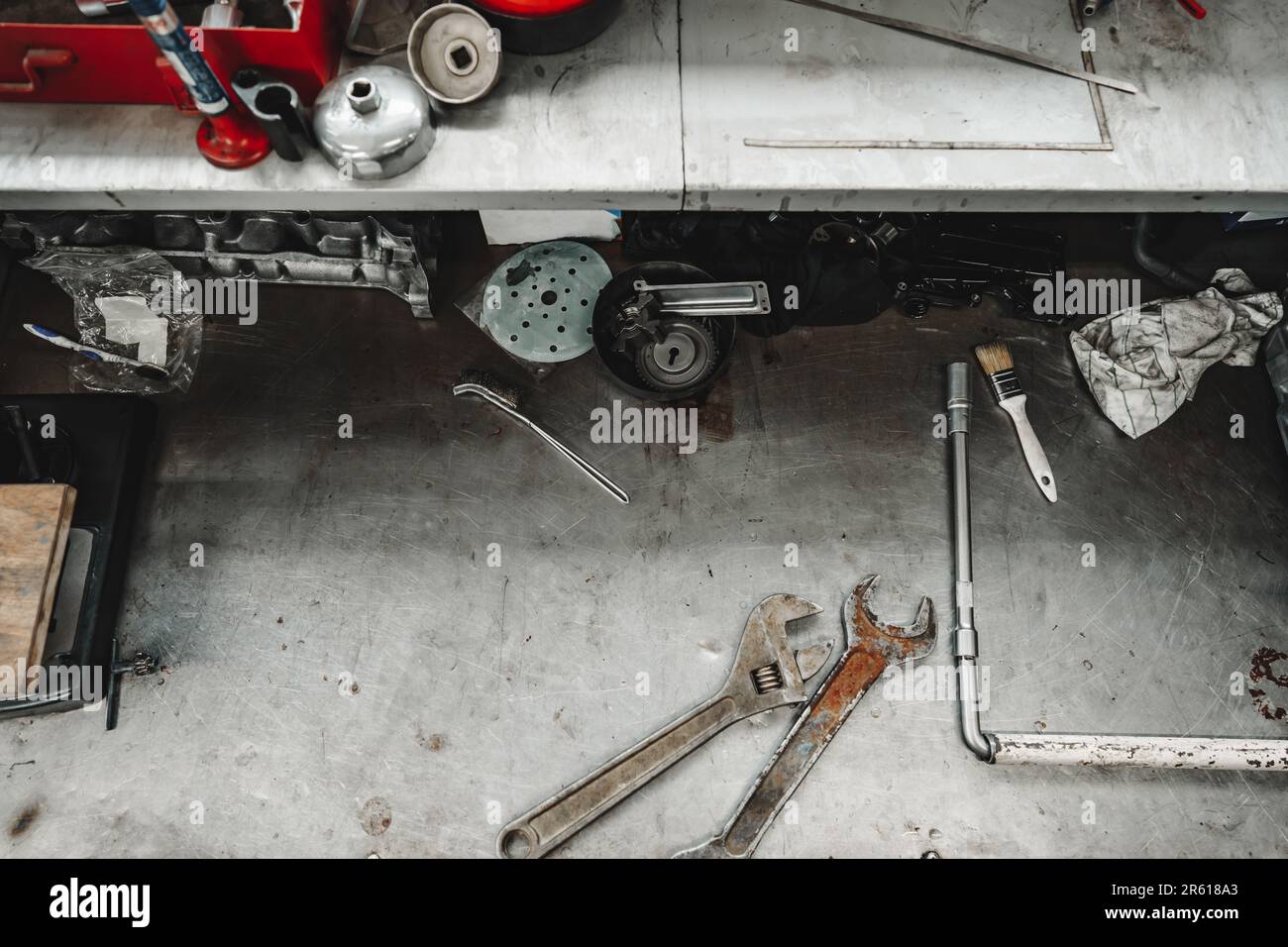 Different tools on workbench in car service Stock Photo - Alamy