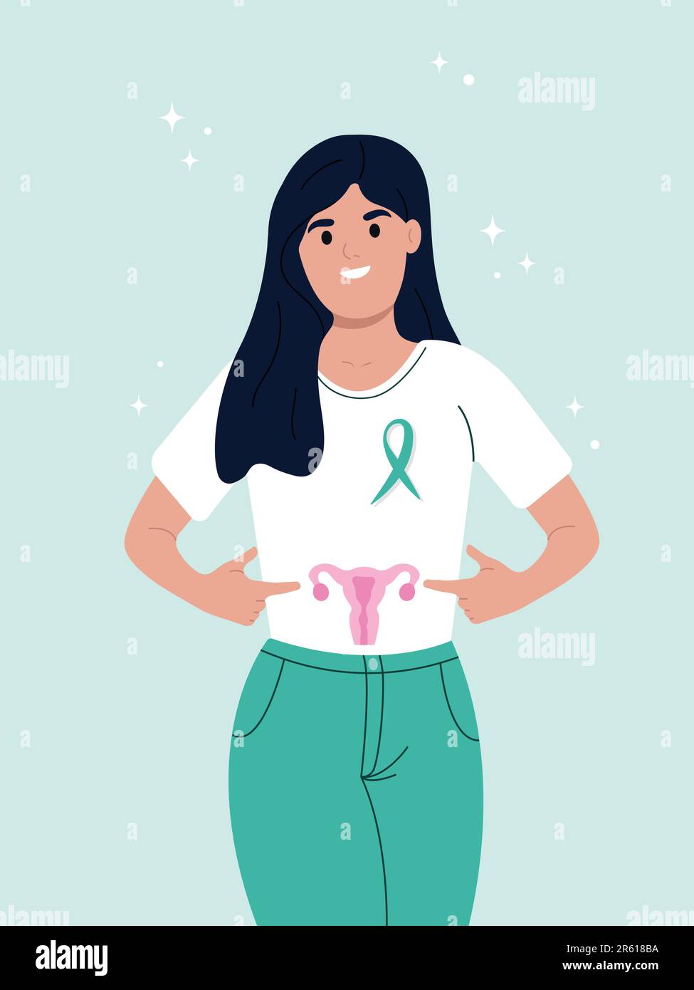 A young smiling girl points to the female reproductive organ. A ribbon ...