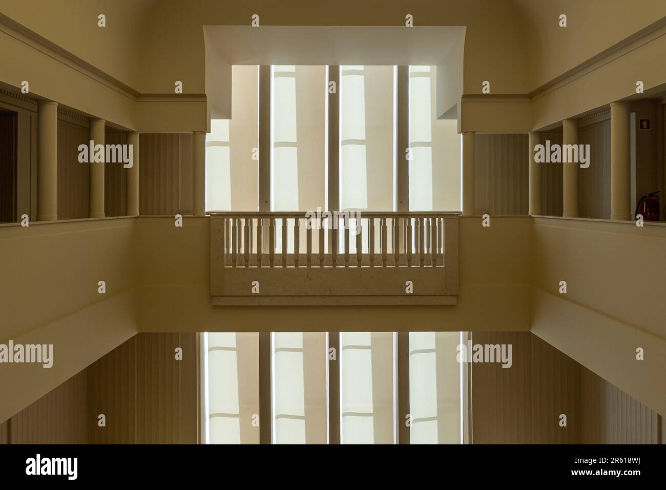 Interior detail close-up of art deco building atrium with full height ...