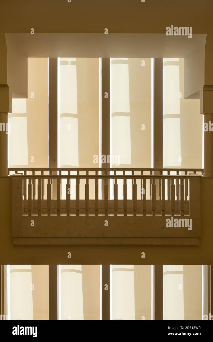 Interior detail close-up of art deco building atrium with full height ...