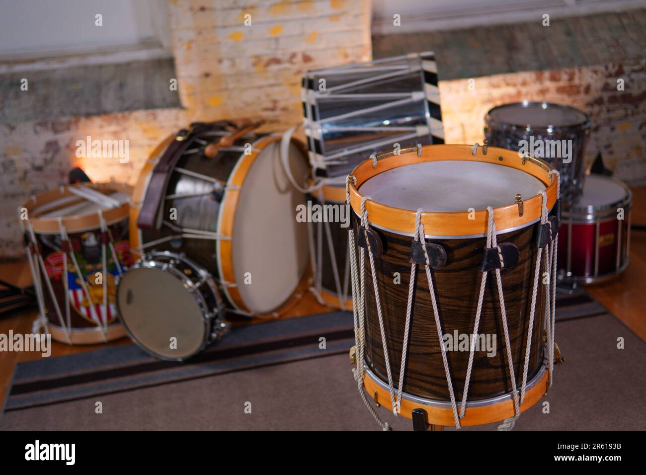 A stack of classic wooden drums Stock Photo - Alamy