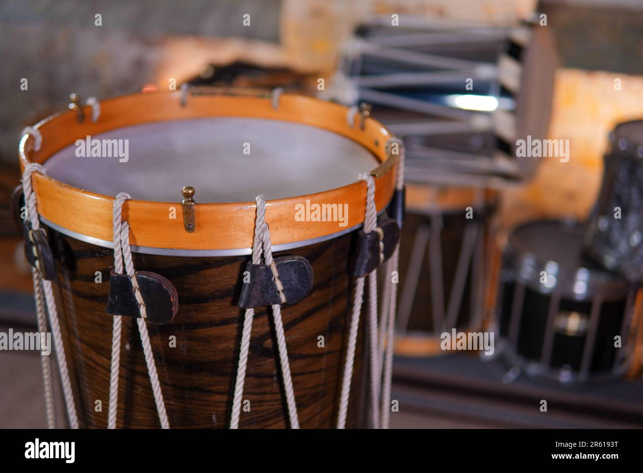 A stack of classic wooden drums Stock Photo - Alamy