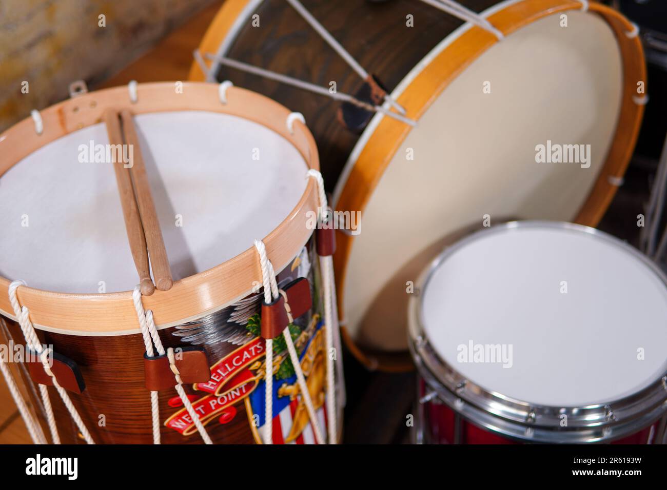 A stack of classic wooden drums Stock Photo - Alamy