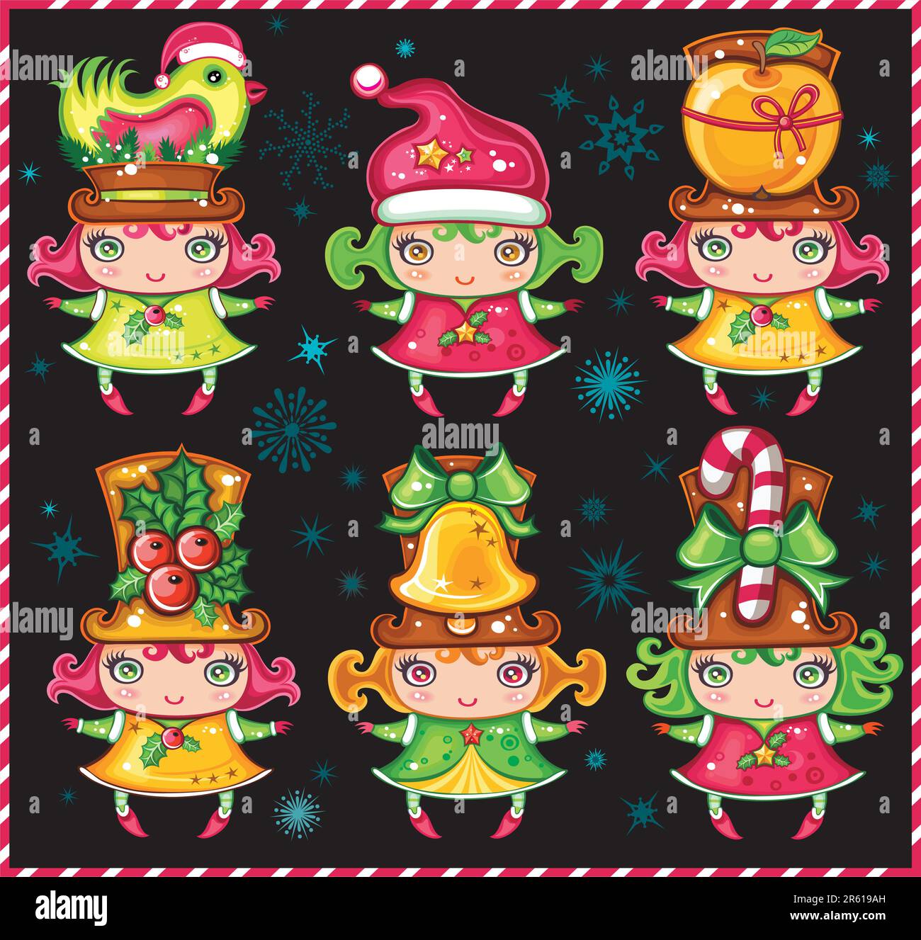 Vector set of a cute Christmas girls wearing santa hats and top-hats ...